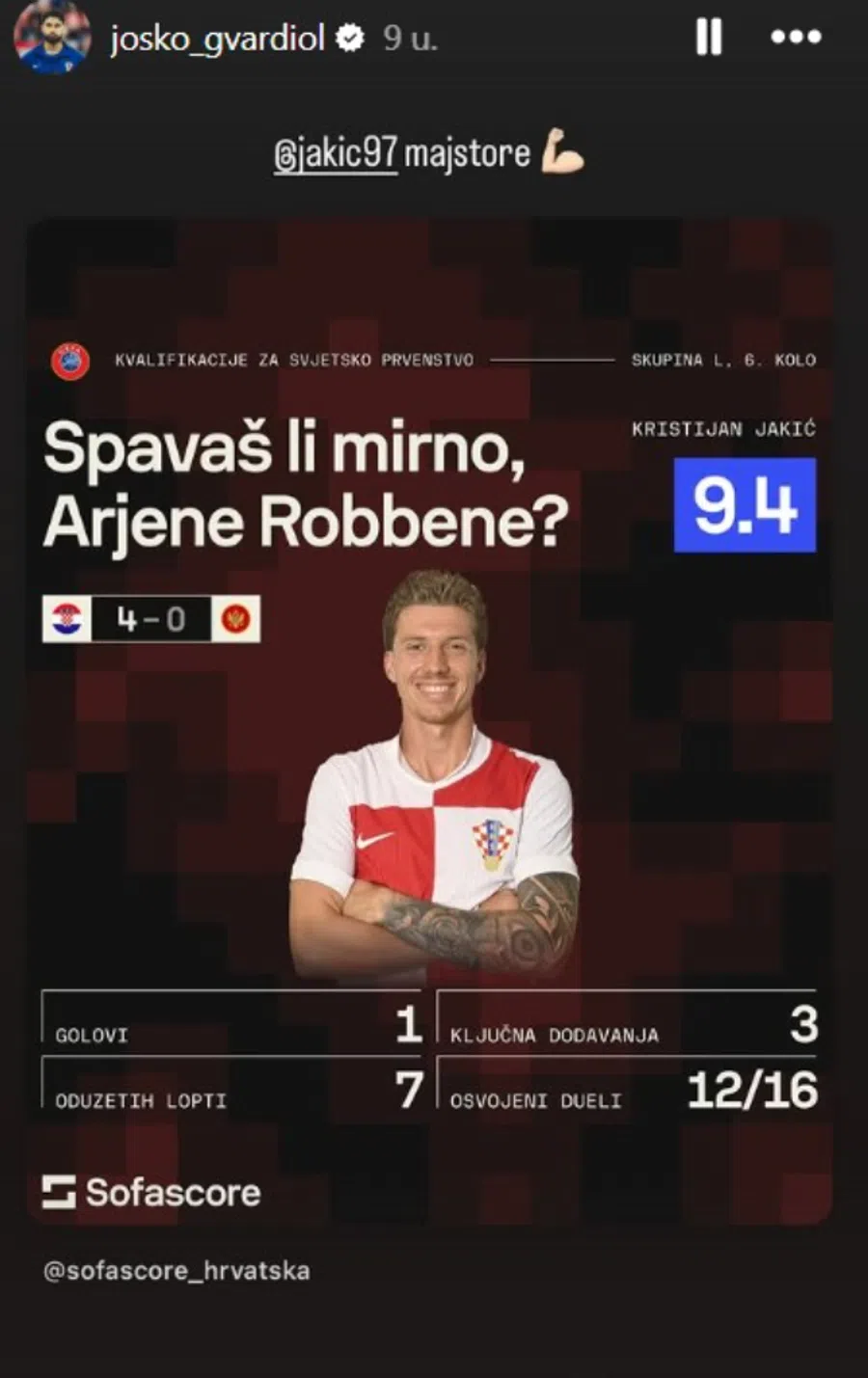 Gvardiol bejubelt collega op Instagram: 'Slaap je lekker, Arjen Robben?'